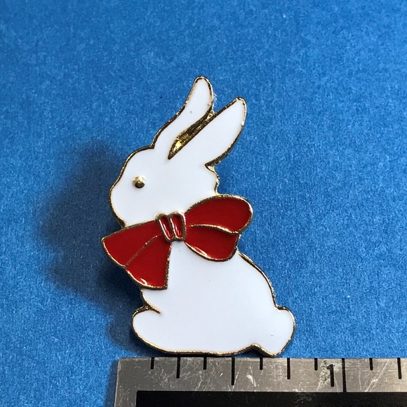 Jewelry | White Bunny Rabbit Wearing Red Bow Enamel Pin | Poshmark